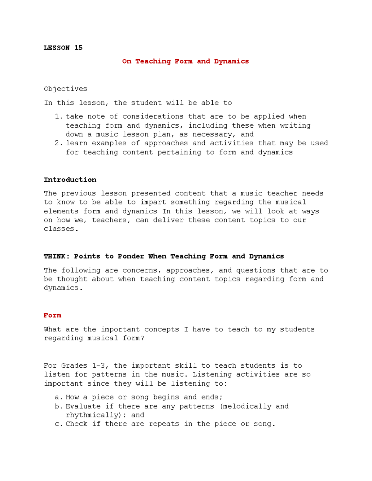 Lesson 15 On Teaching Form and Dynamics - LESSON 15 On Teaching Form ...