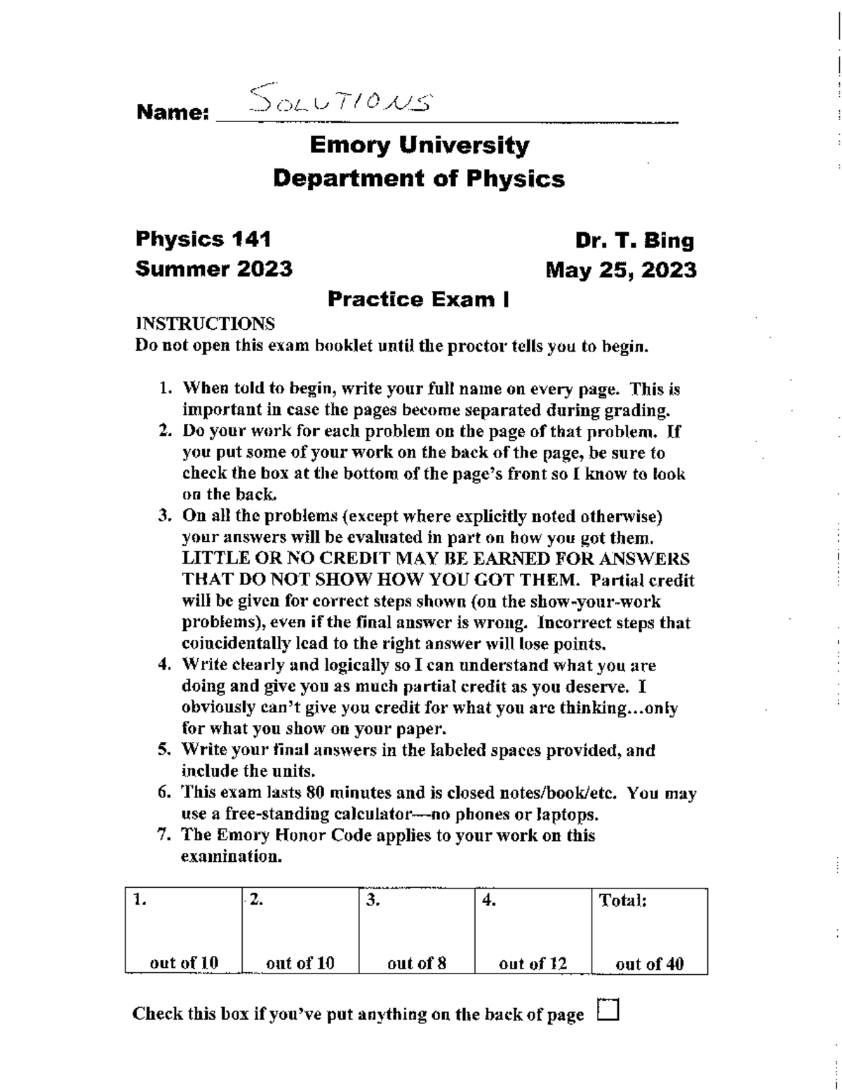Exam1Practice Solutions - PHYS 112 - Studocu