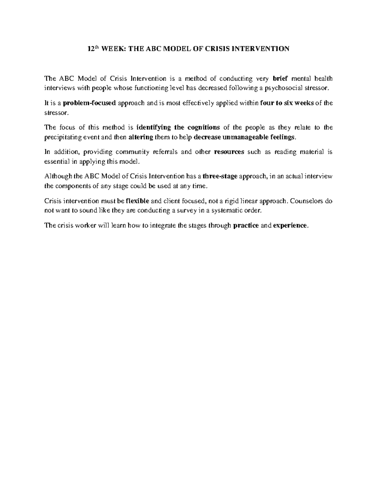 12th week - notes - trauma - 12 th WEEK: THE ABC MODEL OF CRISIS ...