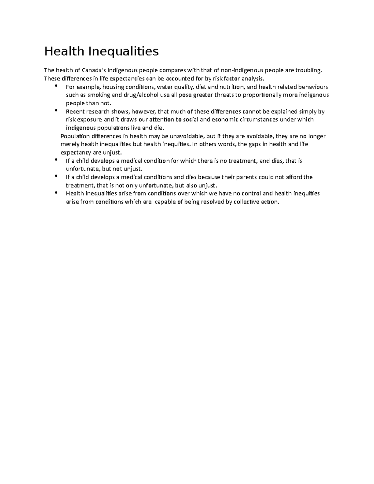 HLTH 101 Notes 3 - Health Inequalities The health of Canada's ...