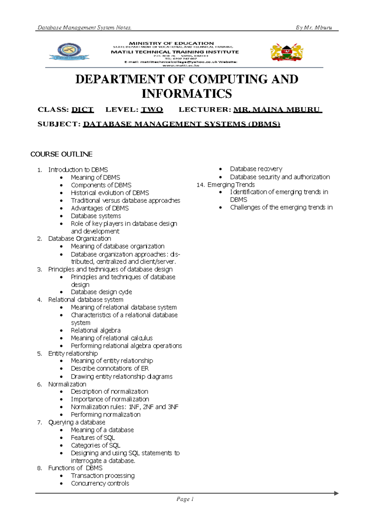 DBMS Notes - DEPARTMENT OF COMPUTING AND INFORMATICS CLASS: DICT LEVEL ...