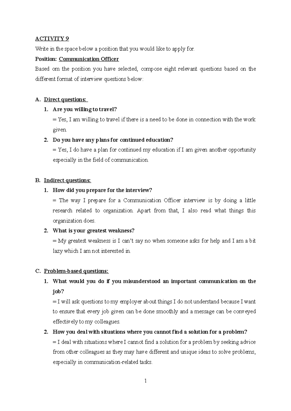 Interview Questions - ACTIVITY 9 Write in the space below a position ...