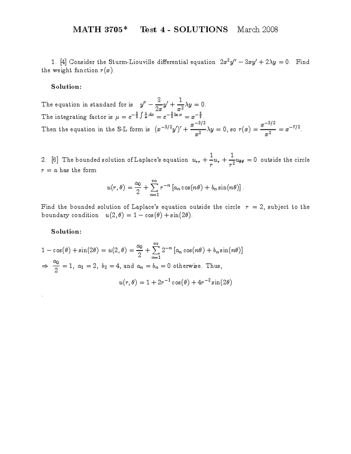 Test March 2008, questions and answers - MATH 3705* Test 4 - SOLUTIONS ...