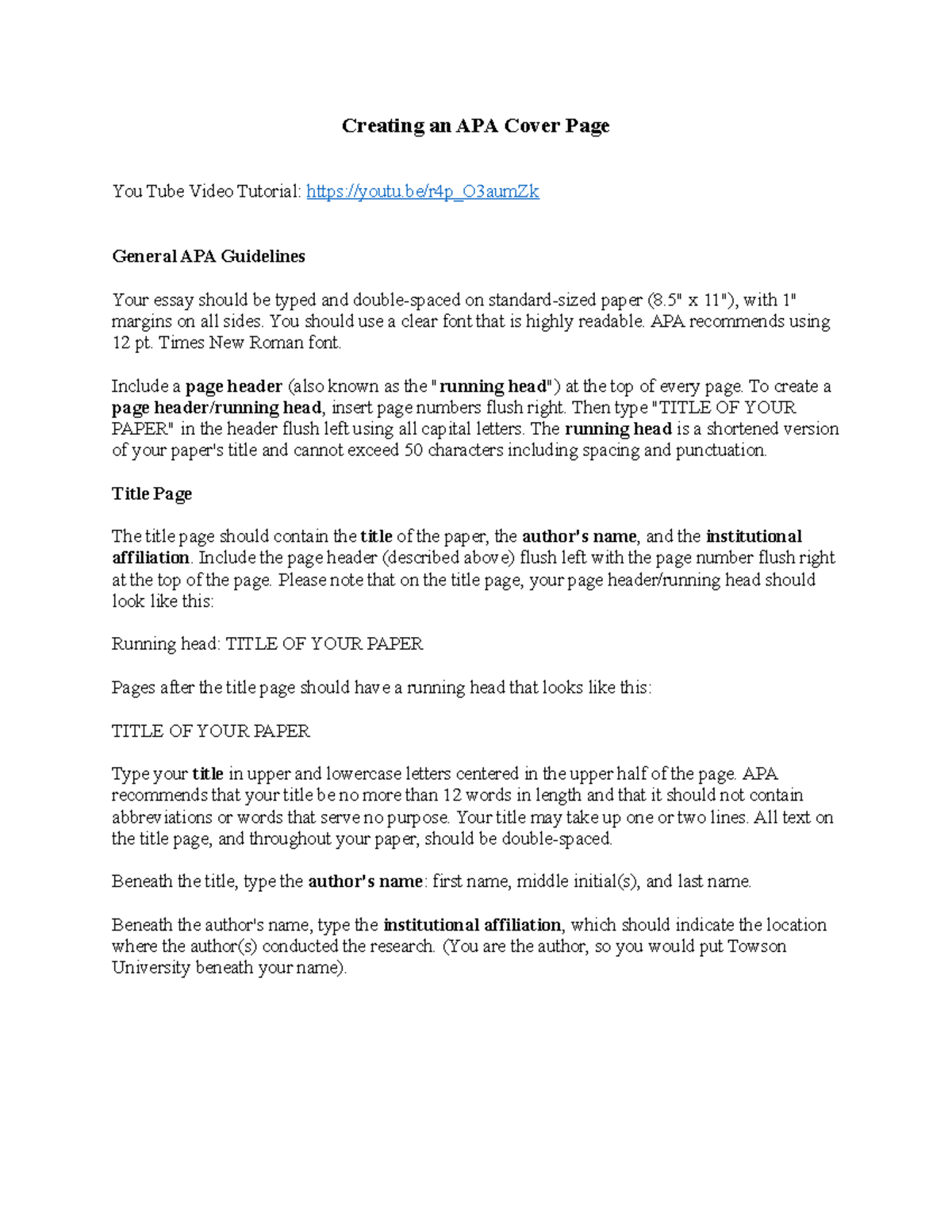 APA Cover References Page - Creating an APA Cover Page You Tube Video ...