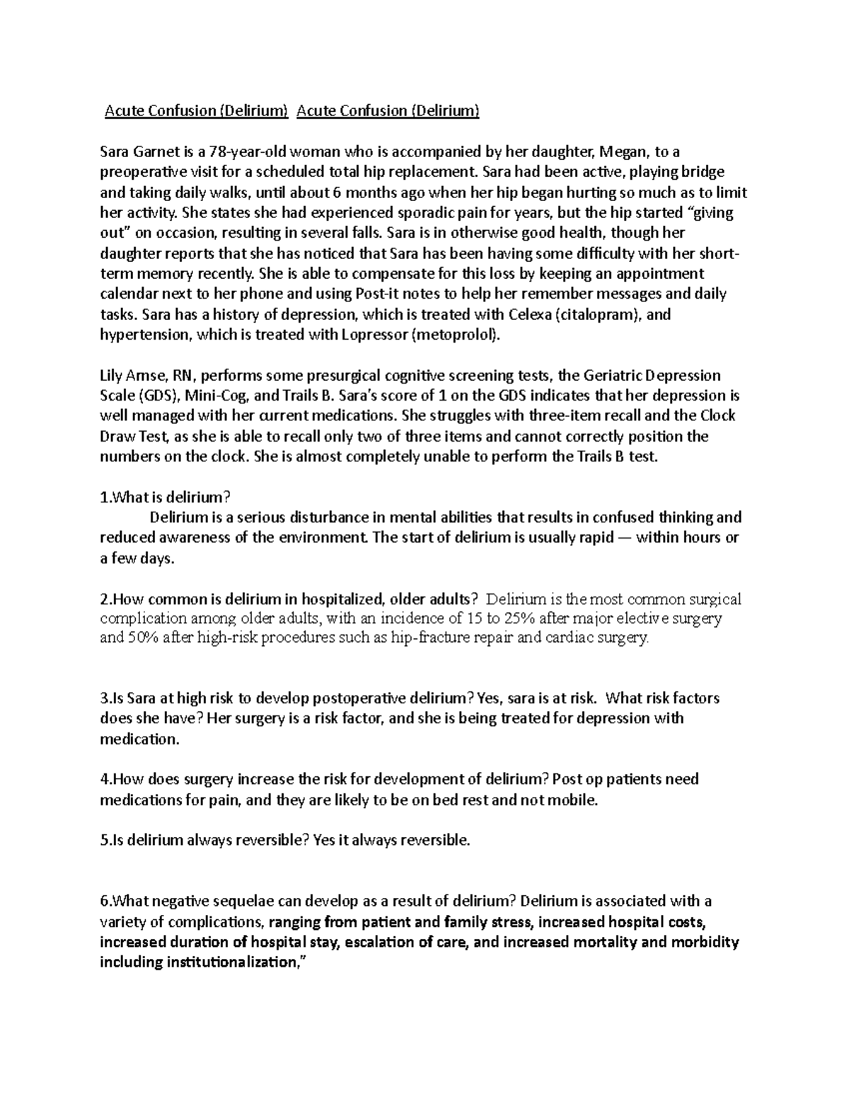 NUR257 L CS Dementia - Case Study - Acute Confusion (Delirium) Acute ...
