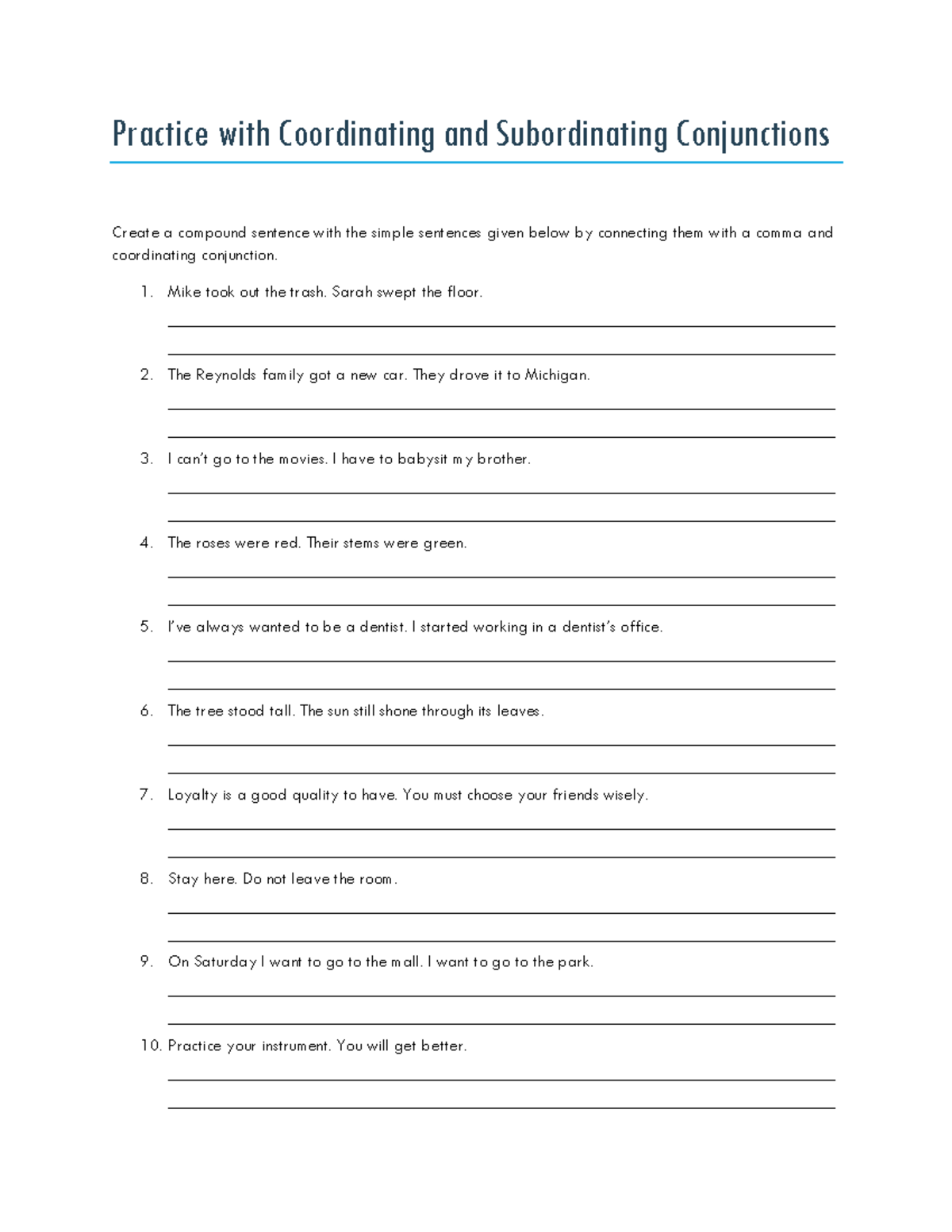 Coordinatingand Subordinating Conjunctions Worksheet - Practice with ...