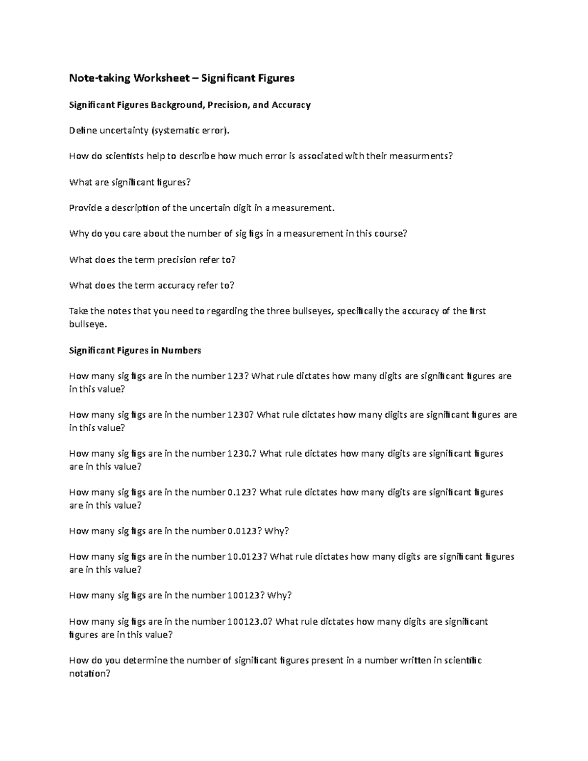 NTW Sig Figs - Revision question and note taking worksheets - Note ...