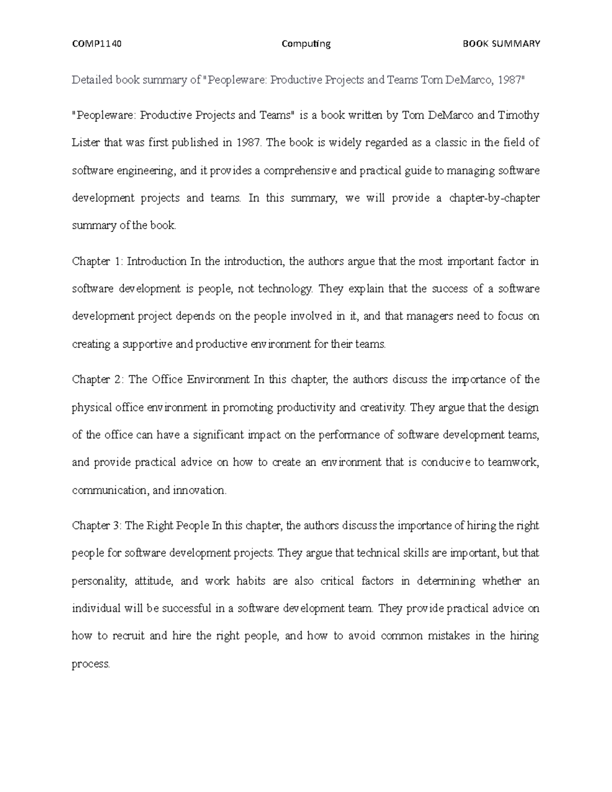 Detailed book summary of Peopleware Productive Projects and Teams - The ...