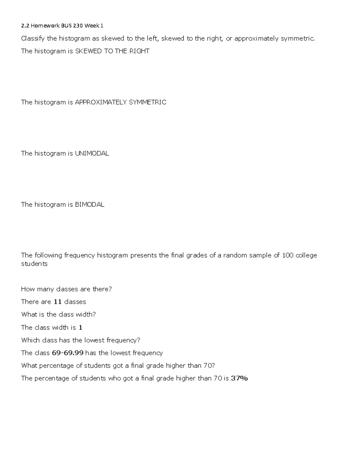 BUS 230 Homework 2 - Questions and answers for Chapter 2 - 2 Homework ...