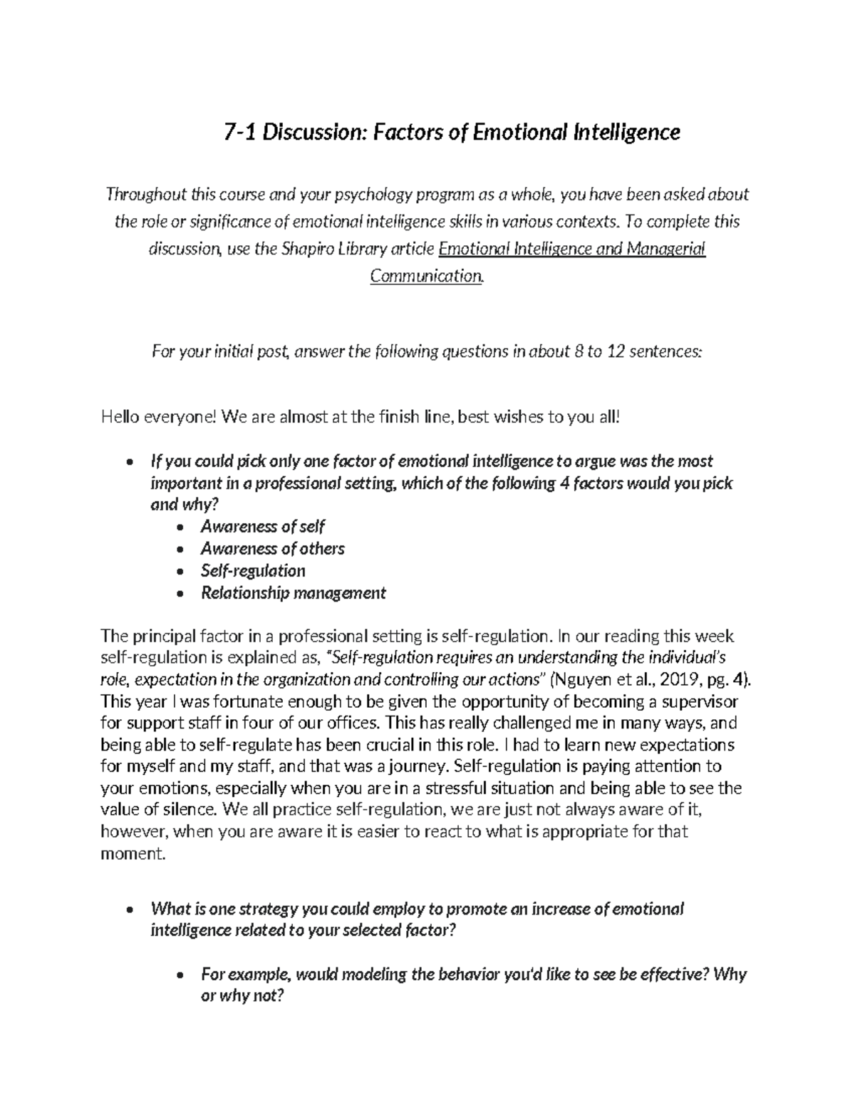 7-1 Discussion Factors of Emotional Intelligence - 7 - 1 Discussion ...