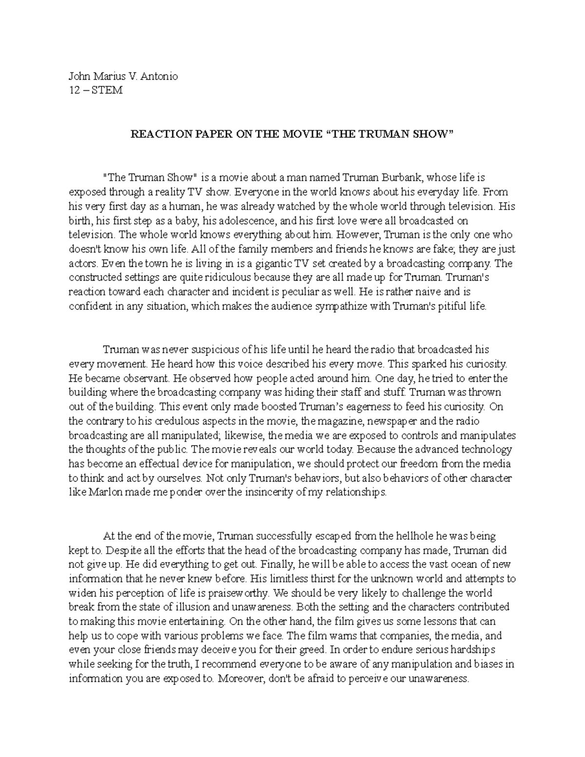 Trumanjong - Reaction paper on the movie “The Truman Show” - John ...