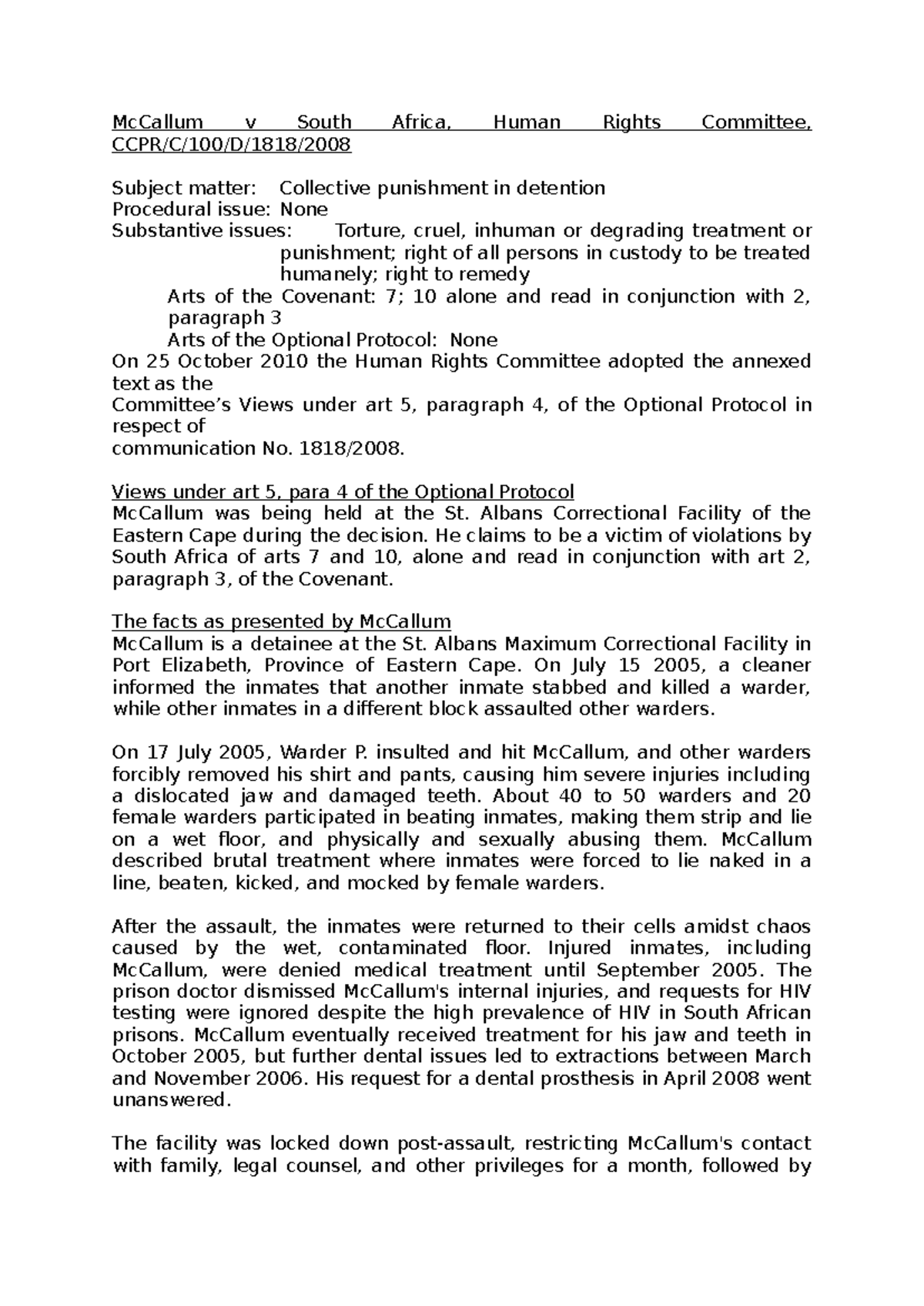 Mc Callum v South Africa - McCallum v South Africa, Human Rights ...