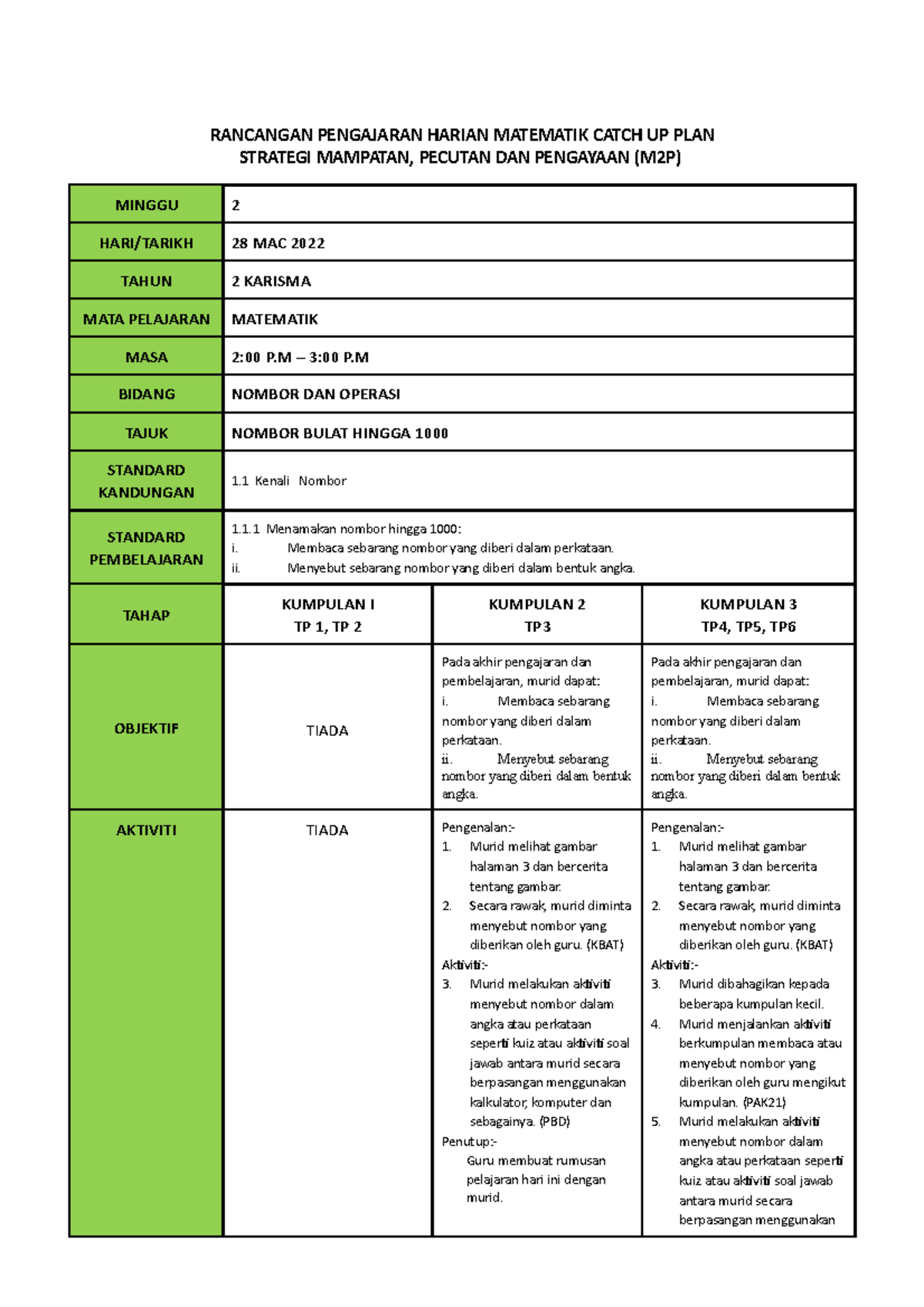 E RPH Minggu 2 - erph - RANCANGAN PENGAJARAN HARIAN MATEMATIK CATCH UP ...