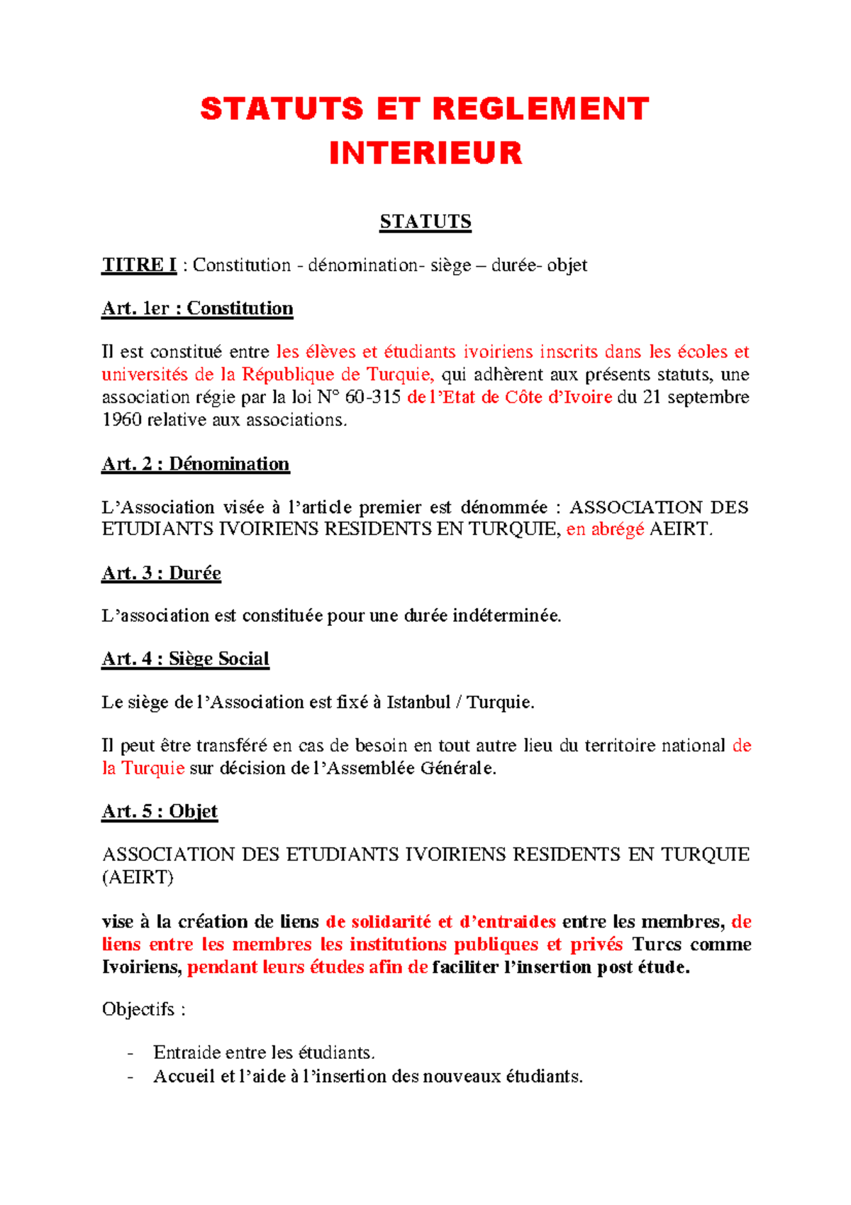Status et regl - drsdd frdf - STATUTS ET REGLEMENT INTERIEUR STATUTS TITRE I : Constitution ...