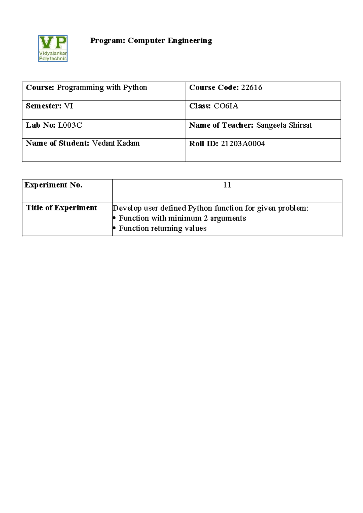 Experiment No.11 (PWP) - Program: Computer Engineering Course: Programming with Python Course ...