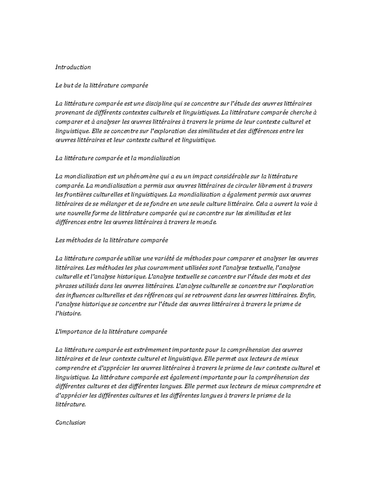 Comparative Literature note study - Introduction Le but de la ...