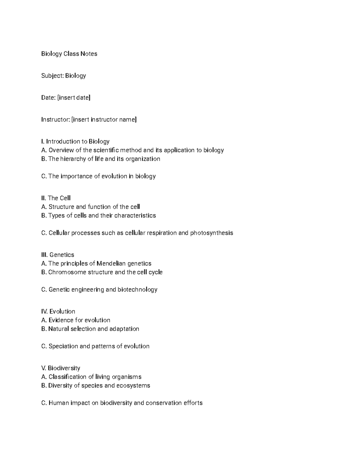 Biology Class Notes - Biology Class Notes Subject: Biology Date ...