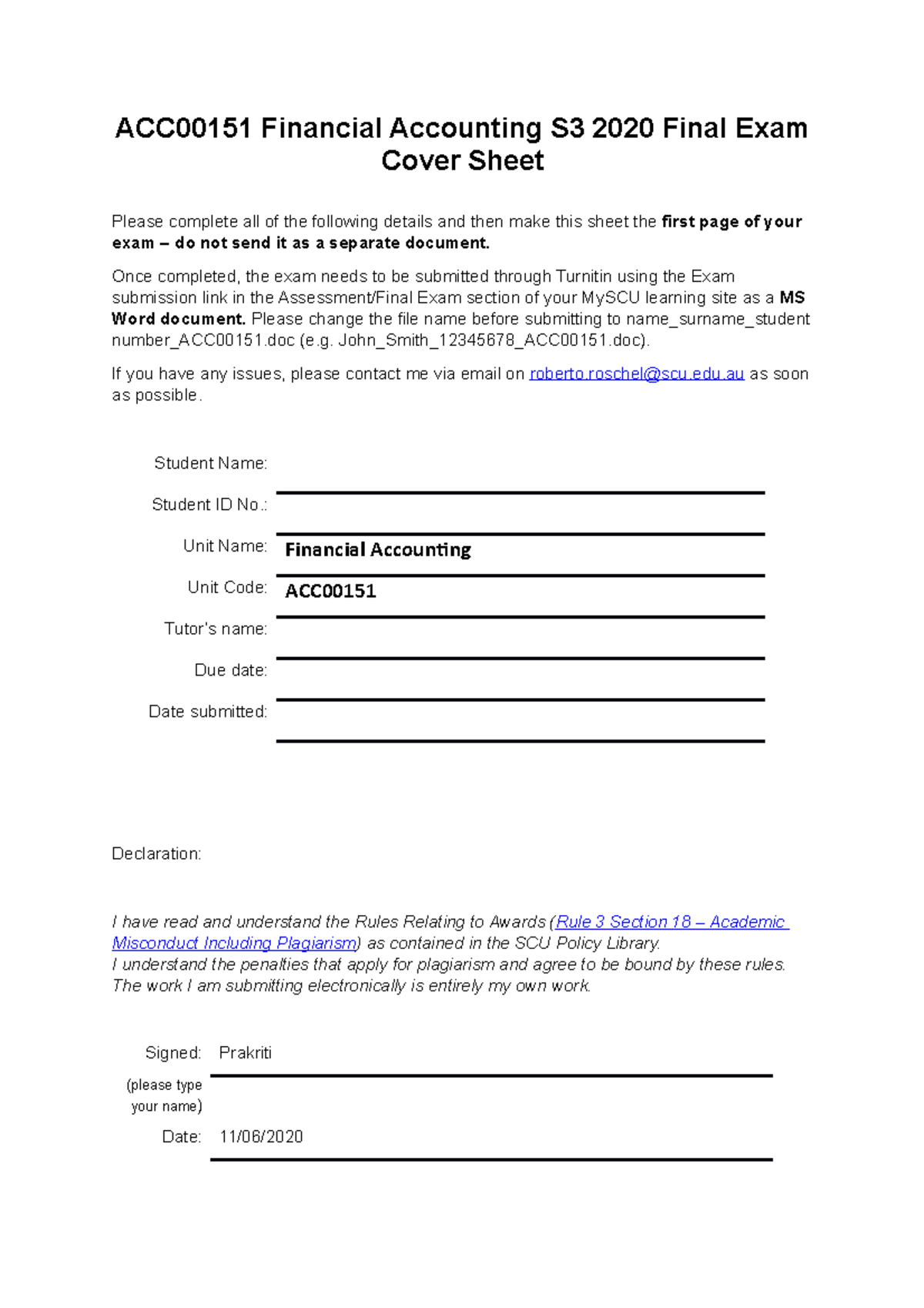Financial accounting exam - ACC00151 Financial Accounting S3 2020 Final ...