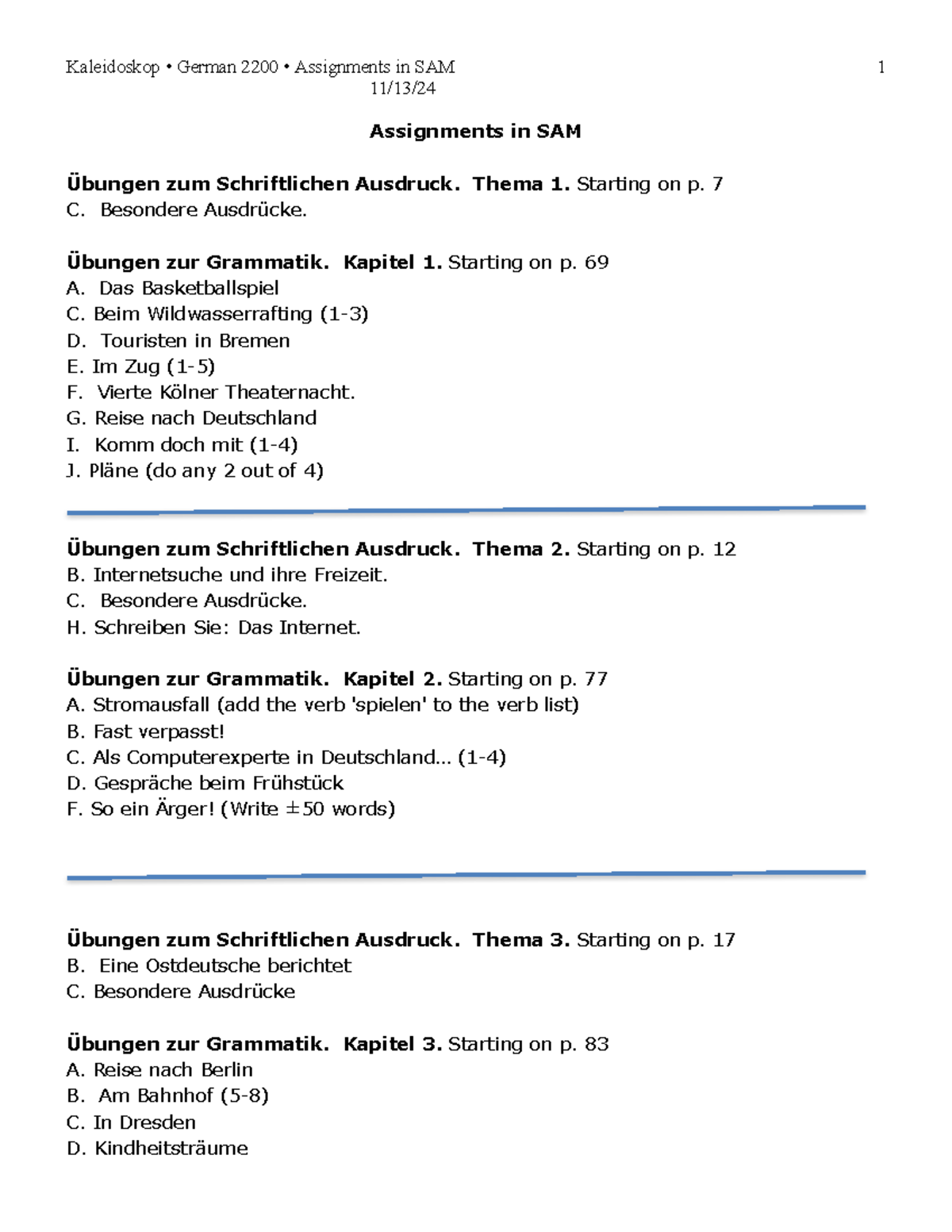 SAM - List of Exercises - german course work - 11/13/ Assignments in ...
