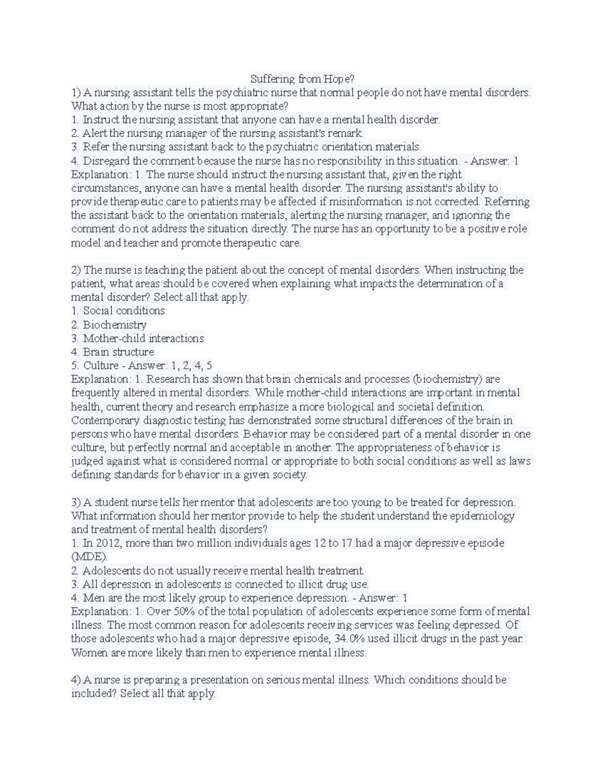 Test one test bank - Test bank questions for mental health - Suffering ...