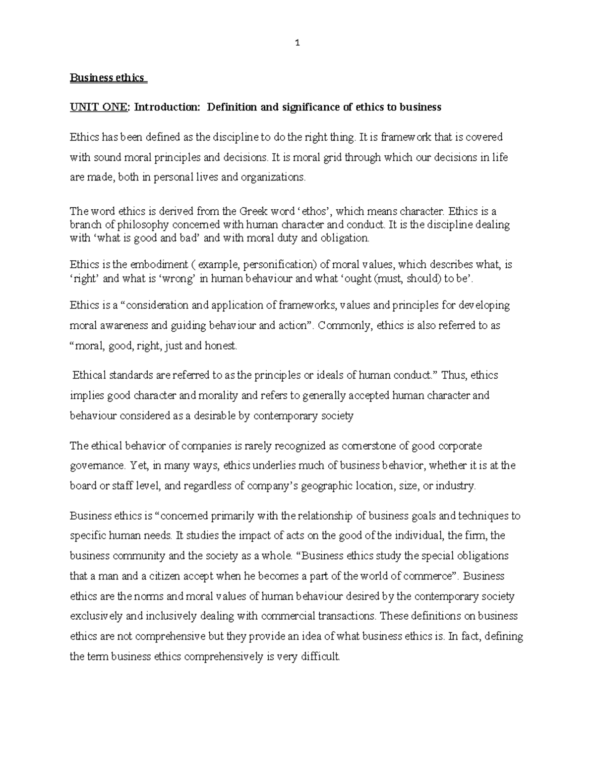 Detailed Business ethics - Business ethics UNIT ONE: Introduction ...