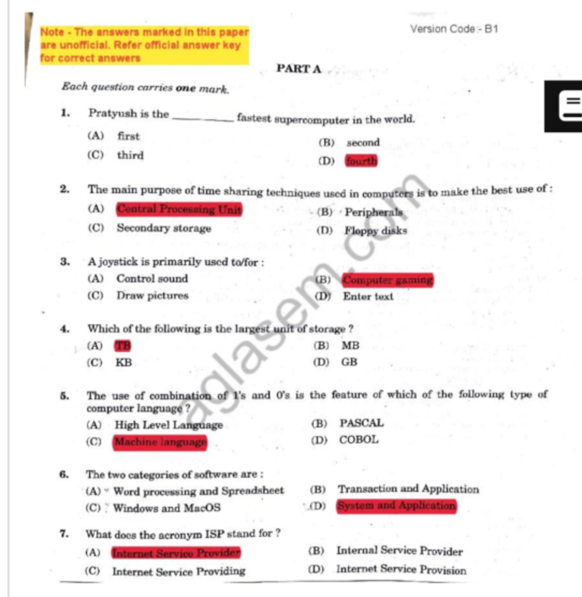 PG CET question paper - Note The answers marked in this paper Version ...