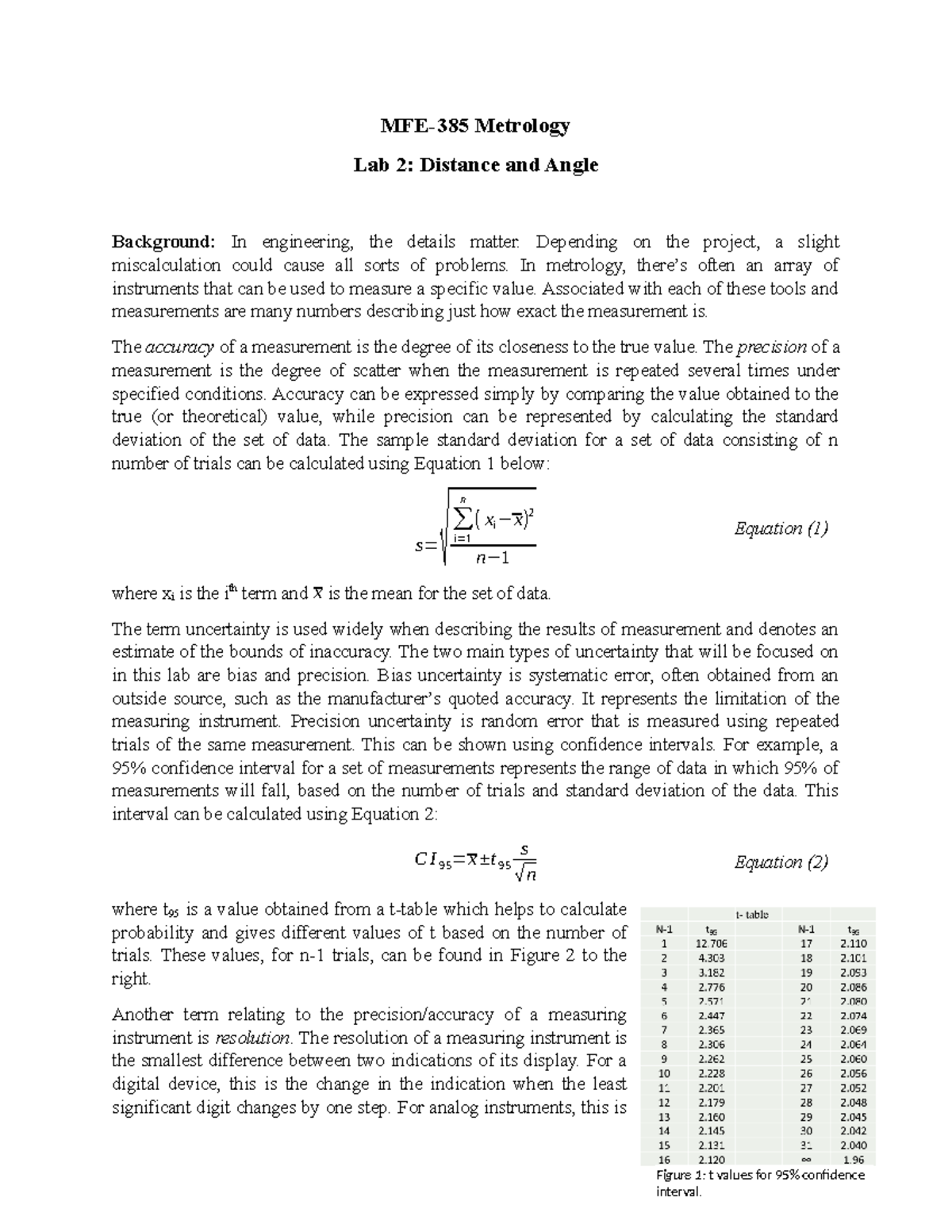 Lab 2 Distance and Angle - MFE-385 Metrology Lab 2: Distance and Angle ...