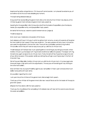 Parliamentary Speaker's Script - Moderator - Page PARLIAMENTARY STYLE ...