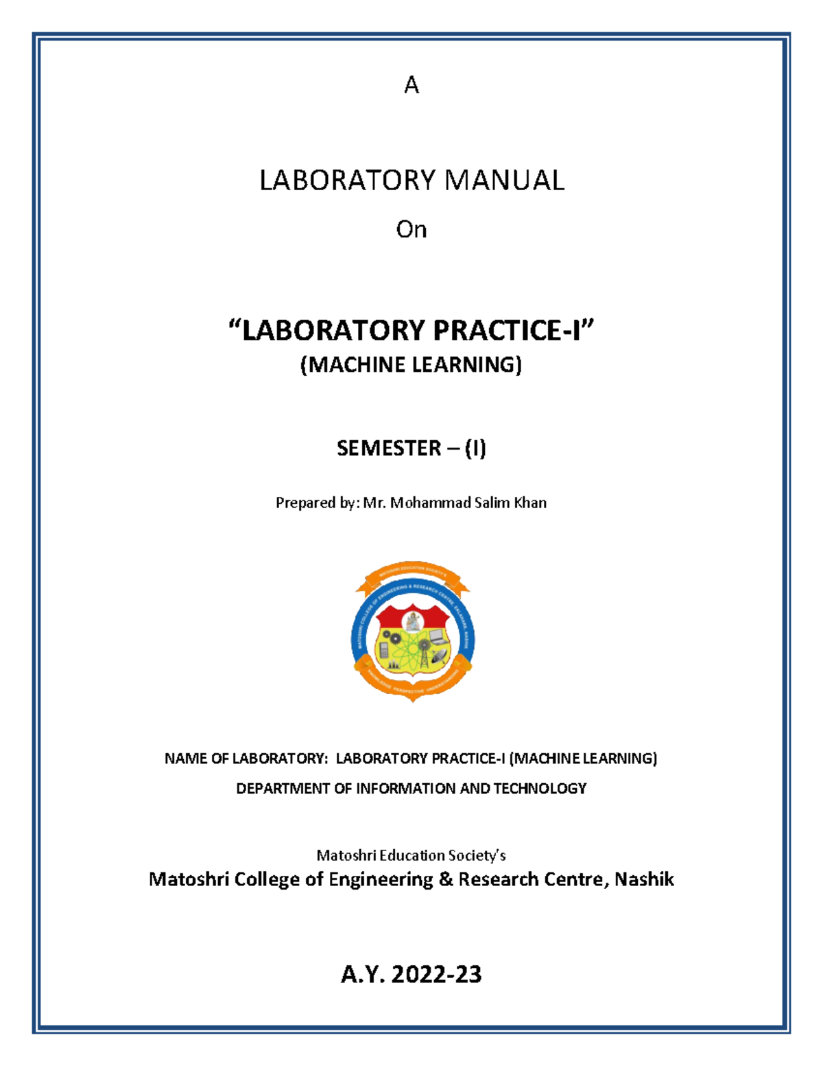 LP-I (ML) Lab Manual 2022-23 - A LABORATORY MANUAL On “LABORATORY PRACTICE-I” (MACHINE LEARNING ...