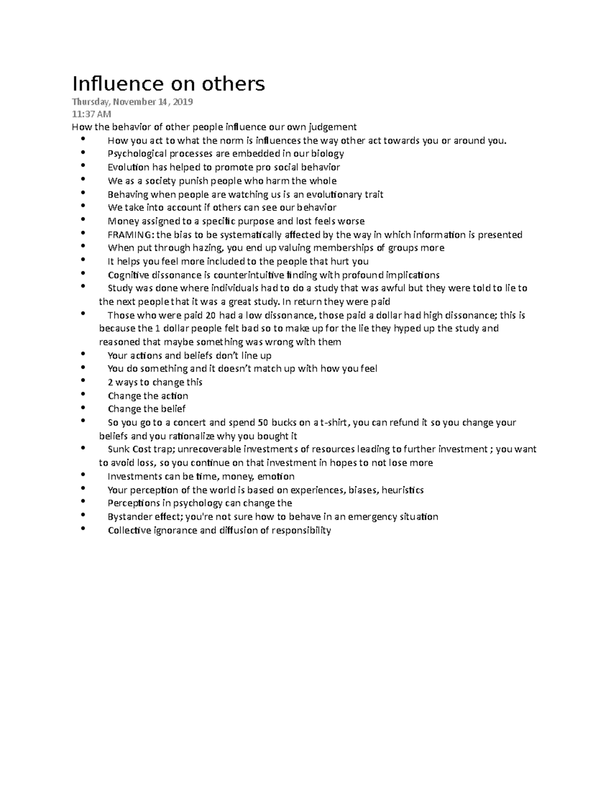 Influence on others - Lecture notes 11 - Influence on others Thursday ...