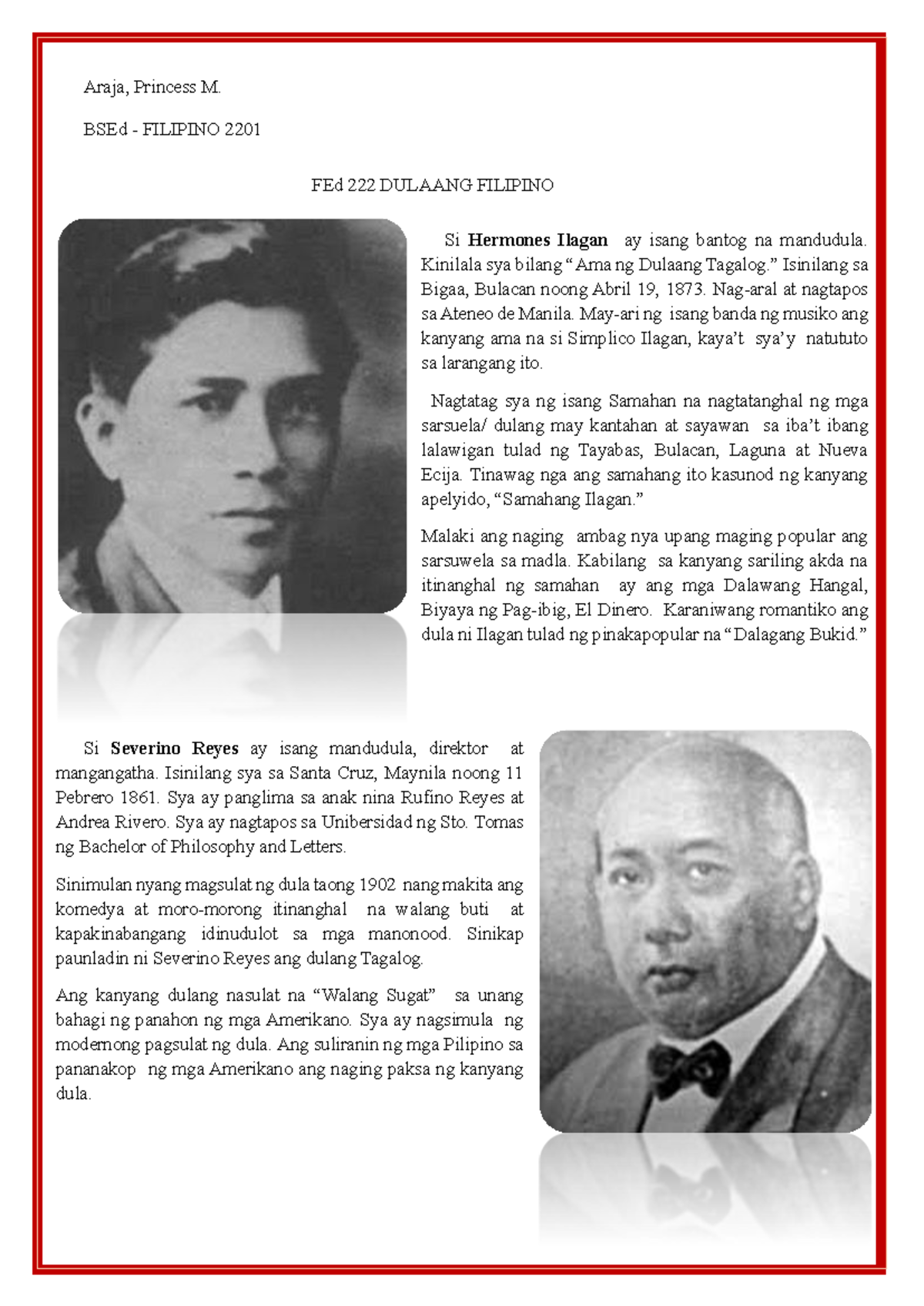 Tao sa dulaan - Araja, Princess M. BSEd - FILIPINO 2201 FEd 222 DULAANG ...
