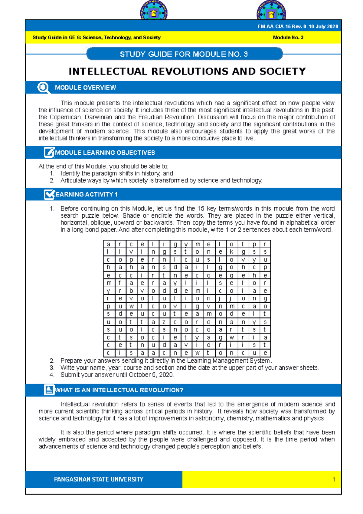 Study- Guide-3 - ..... - INTELLECTUAL REVOLUTIONS AND SOCIETY MODULE ...