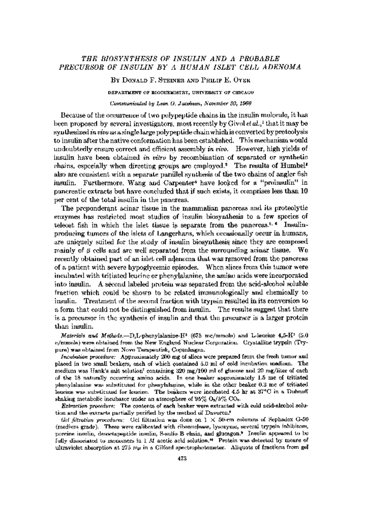 The byosynthesis of insulin and a probable precursor of insulin by a ...