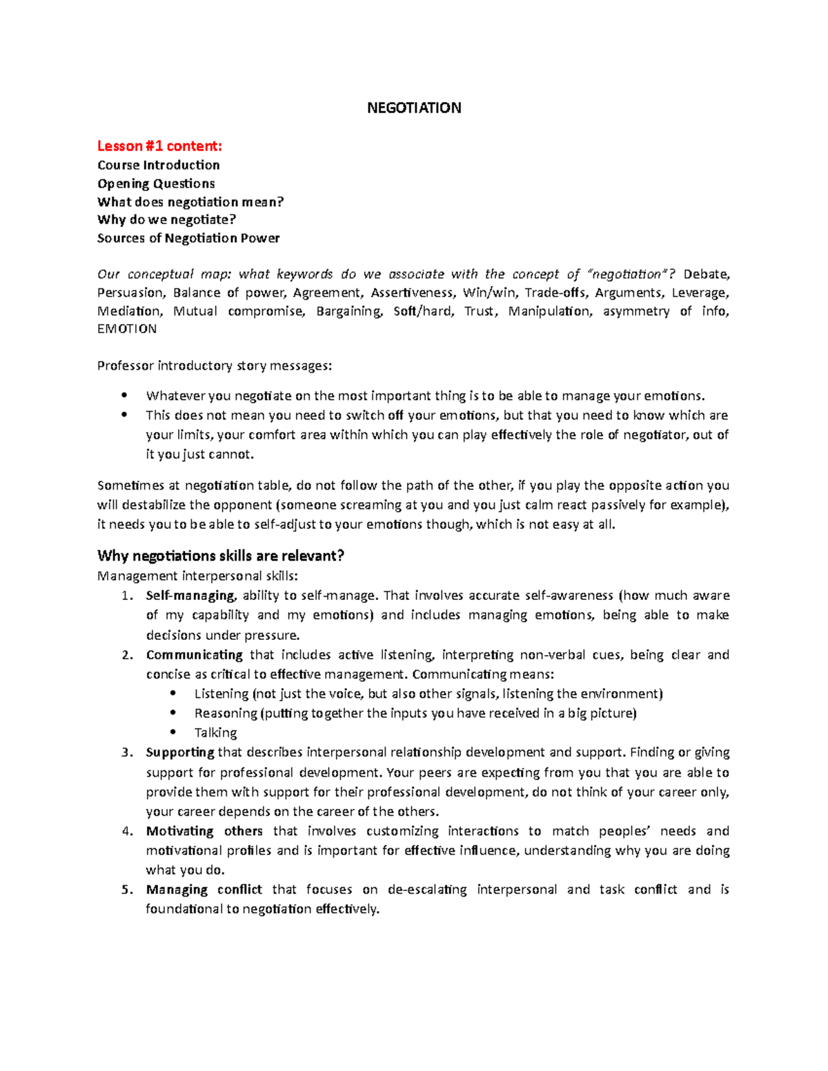 Negotiation Skills Notes - NEGOTIATION Lesson #1 content: Course ...
