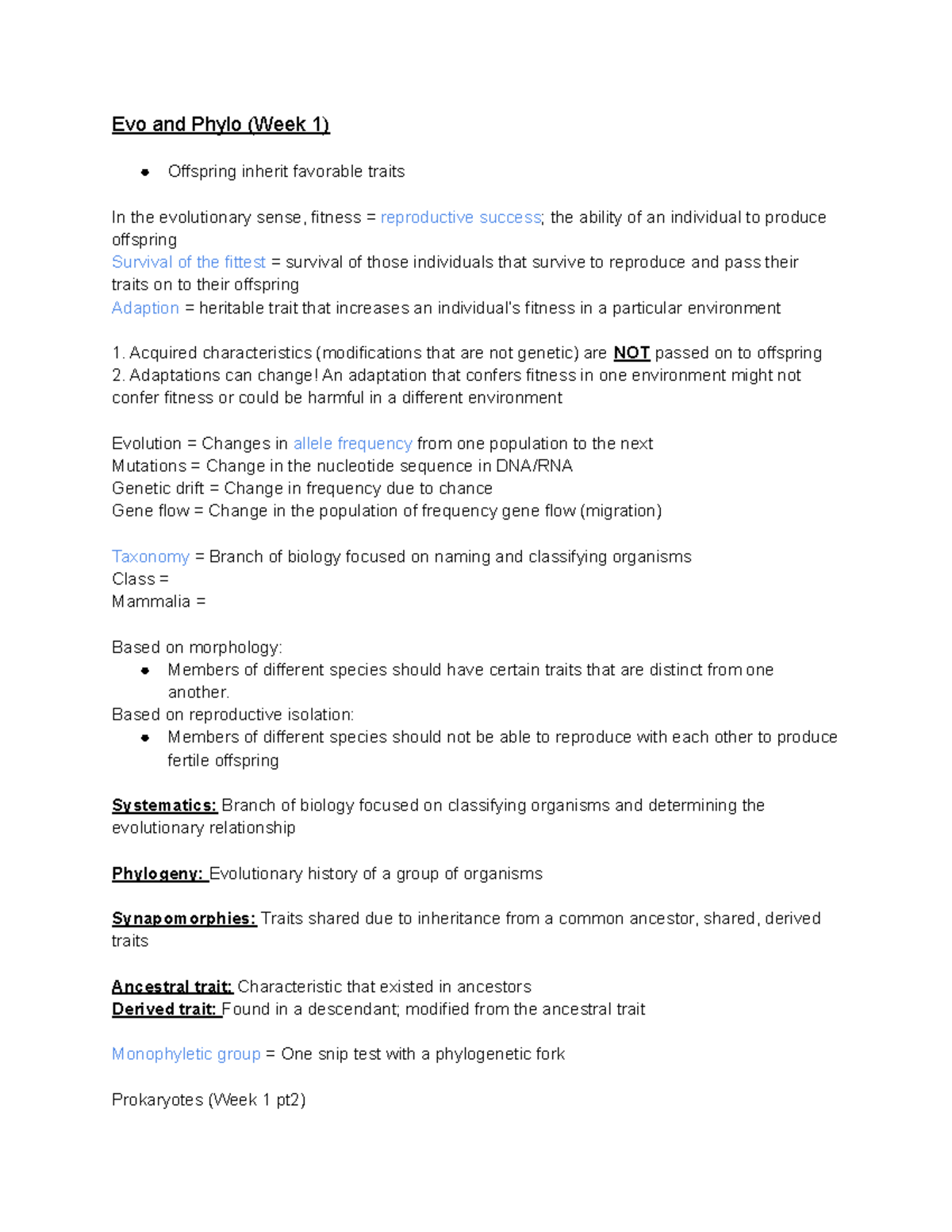 Bio Exam Notes - Evo and Phylo (Week 1) Offspring inherit favorable ...