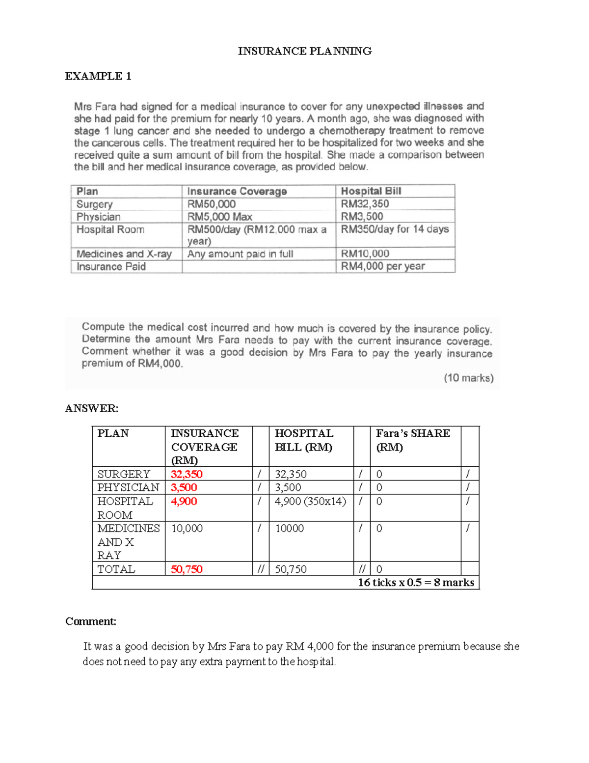 Insurance Planning - INSURANCE PLANNING EXAMPLE 1 ANSWER: PLAN ...