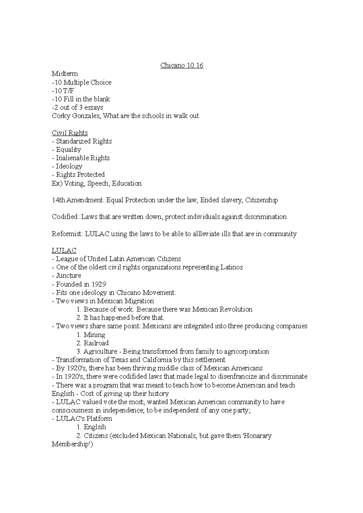 Lecture note to Chicano 101 - Chicano 10 Midterm -10 Multiple Choice ...