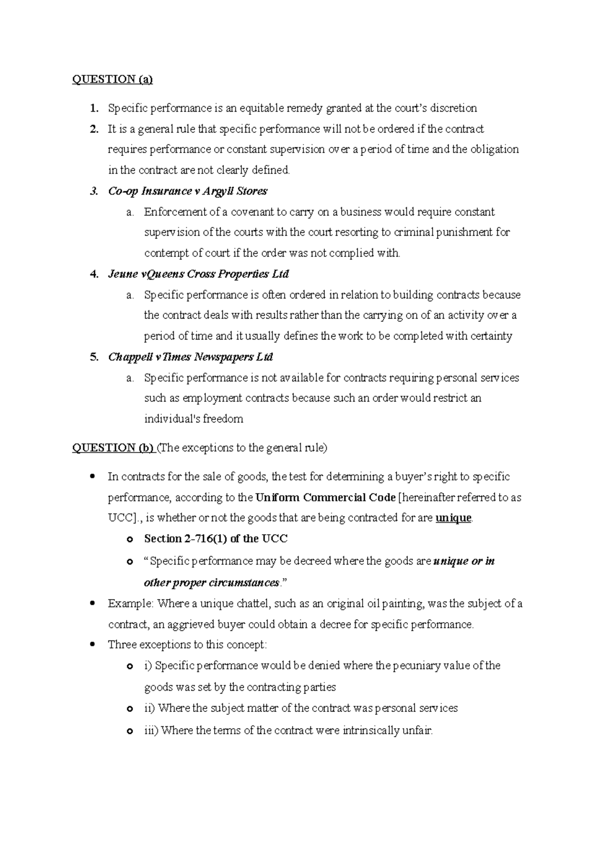 Specific Performance - QUESTION (a) 1. Specific performance is an ...