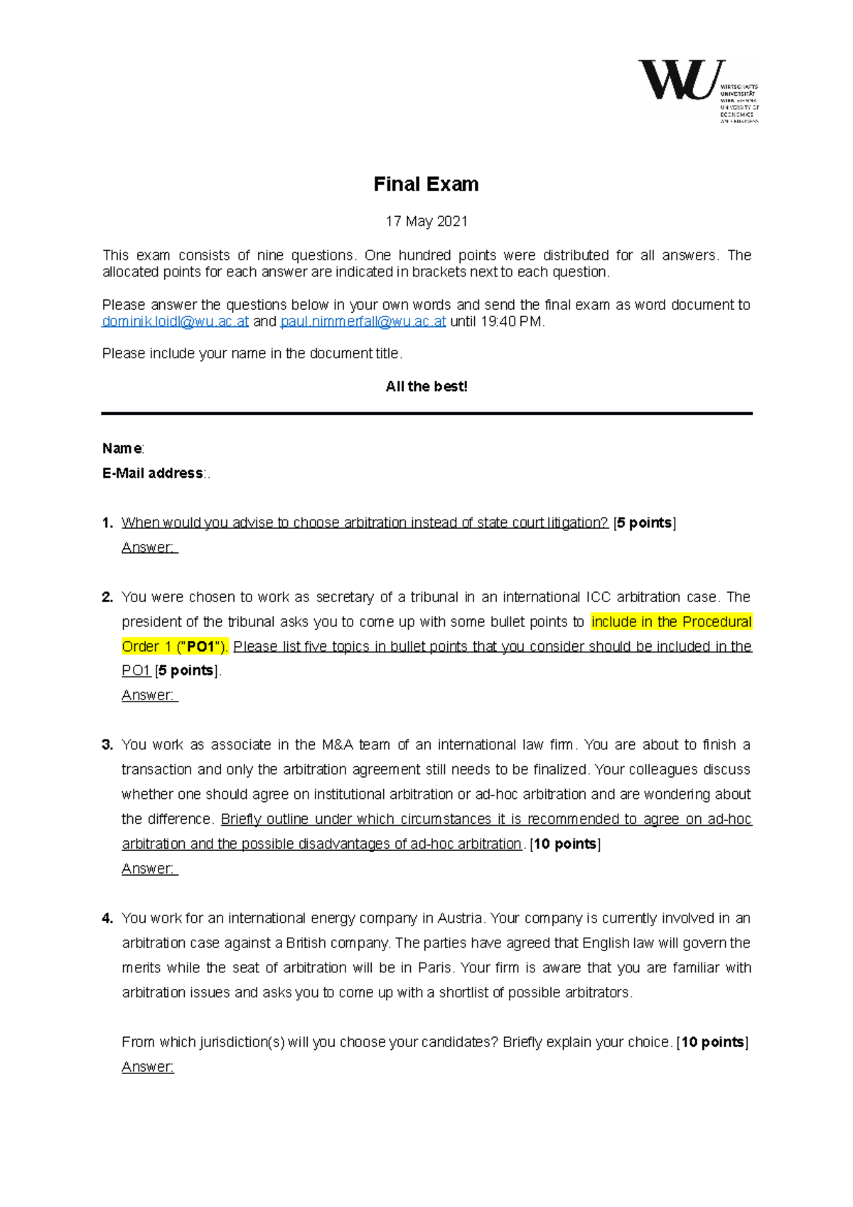 ICA Exam May 2021 - Final Exam 17 May 2021 This exam consists of nine ...