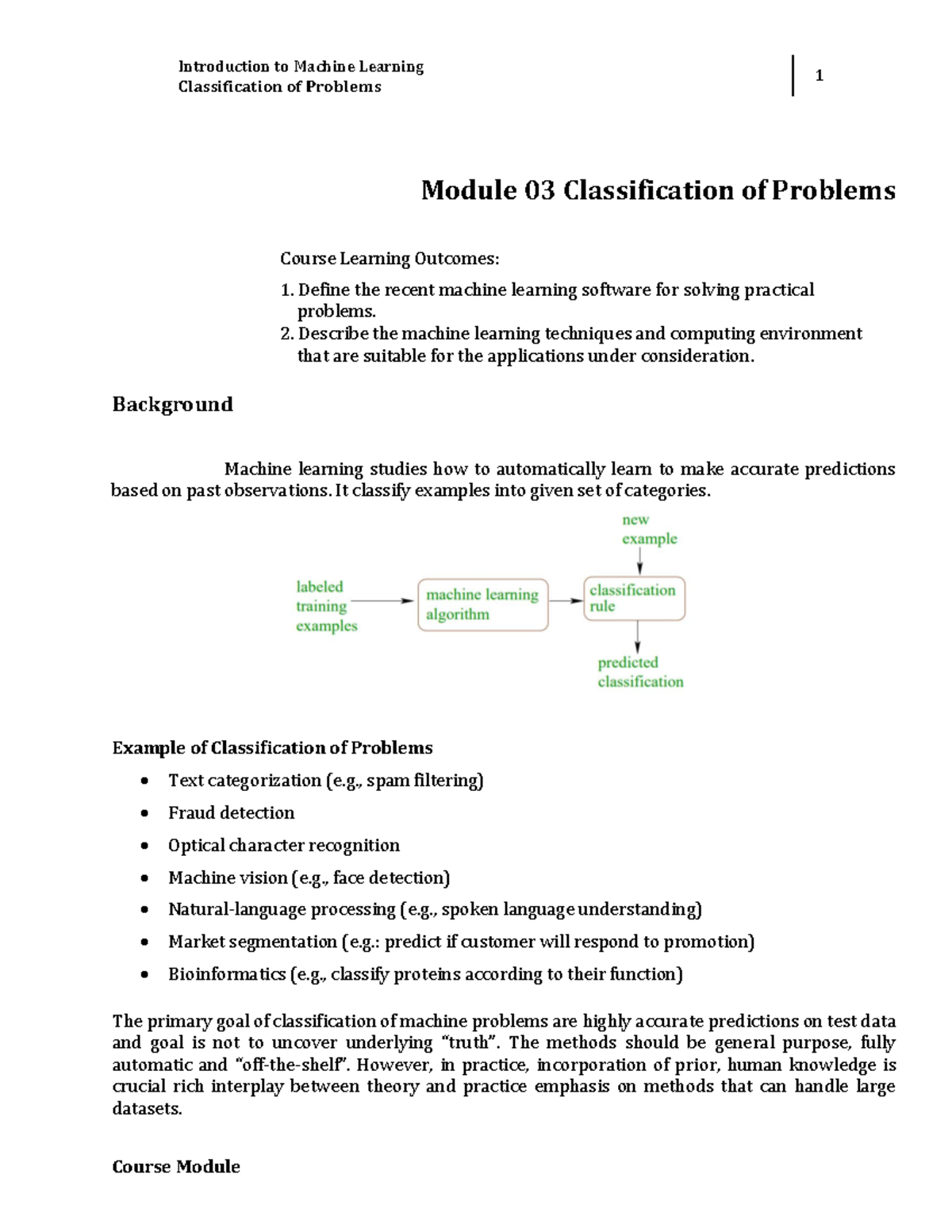 IML Module 3 - machine learning - Introduction to Machine Learning Classification of Problems 1 ...