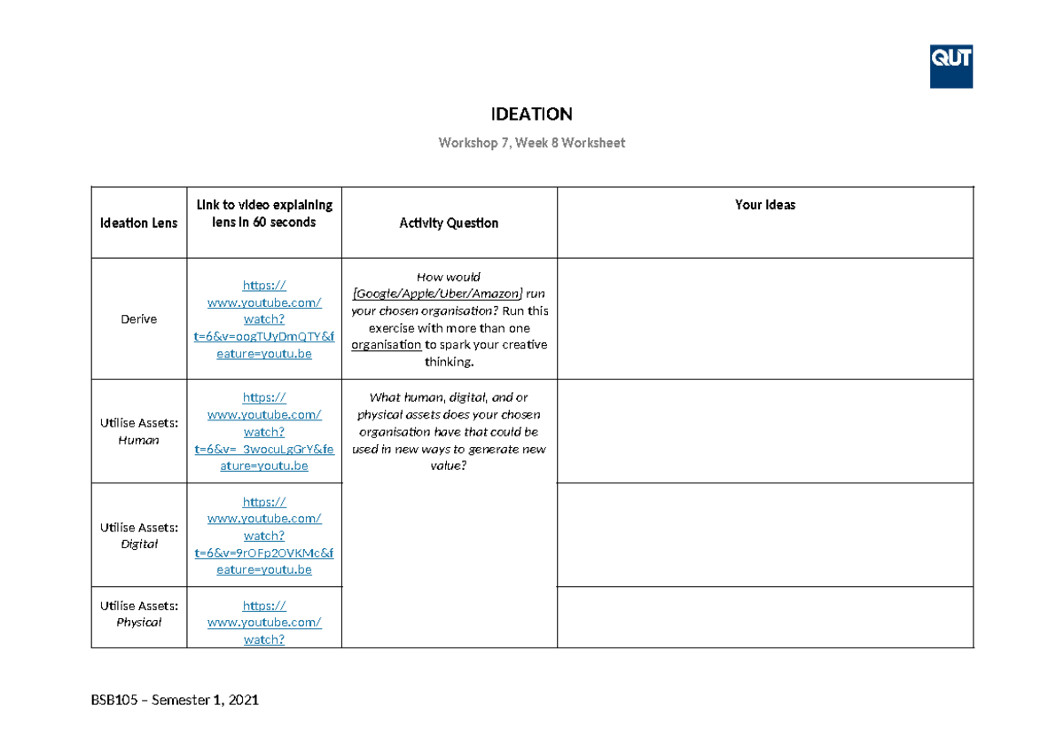 Ideation W7W8 worksheet - IDEATION Workshop 7, Week 8 Worksheet ...
