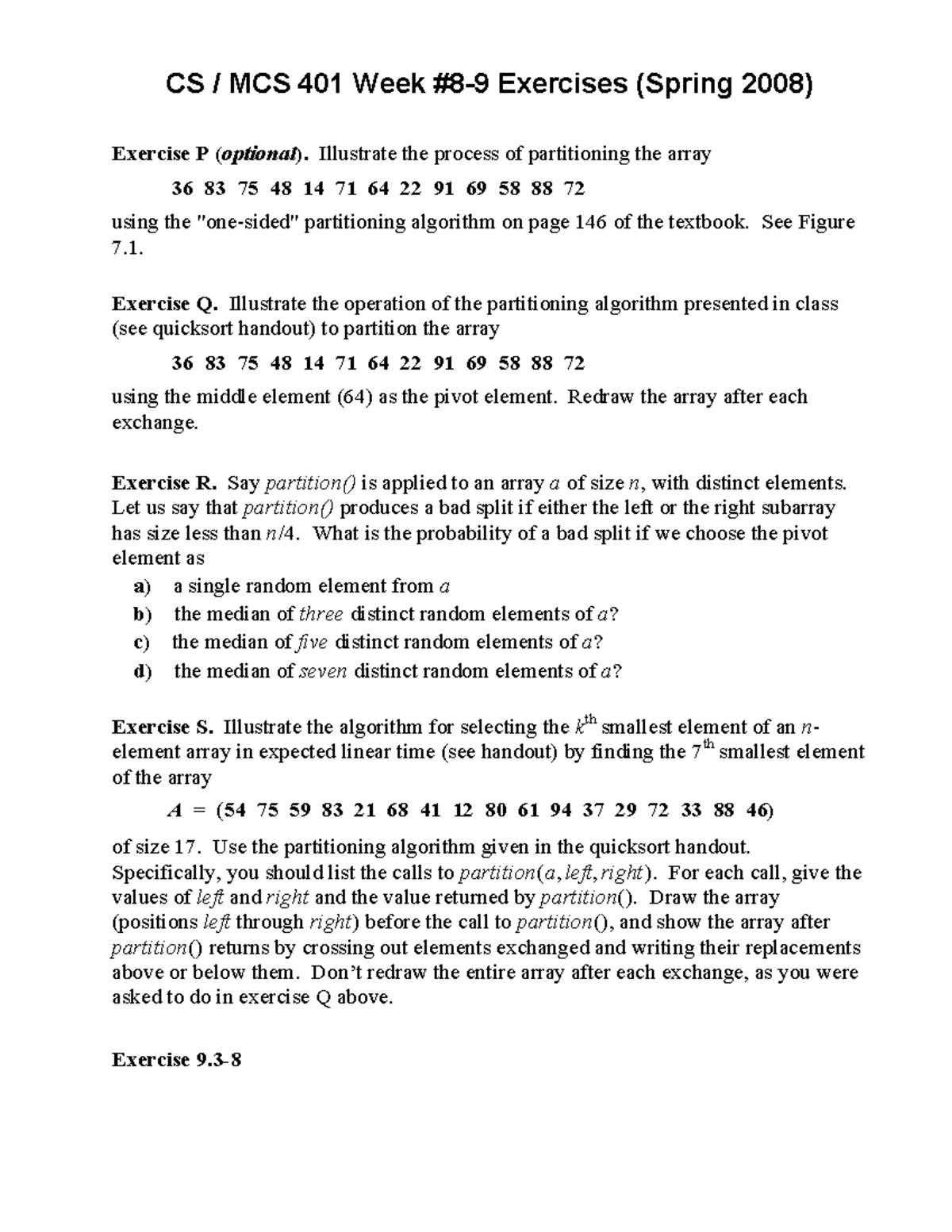 CS - M CS 401 Exercises Week #8-9 - CS MCS 401 Week Exercises (Spring ...