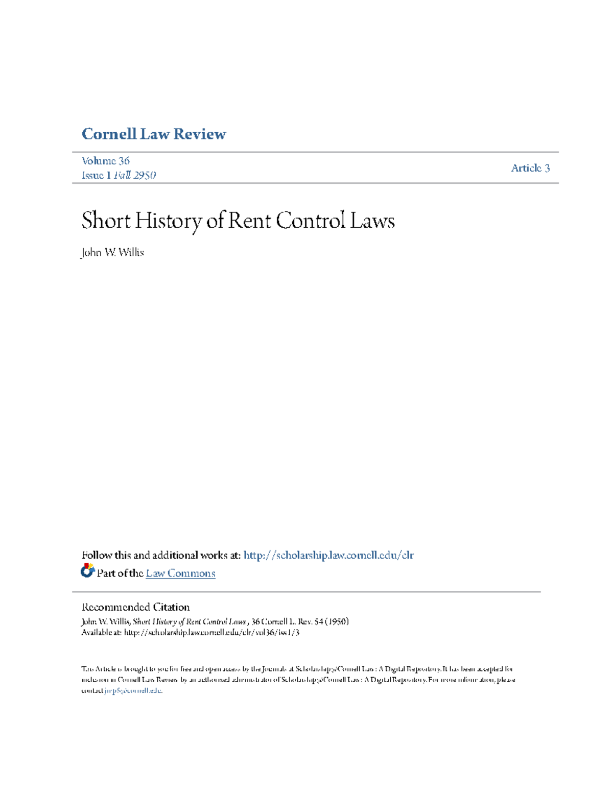 Short History of Rent Control Laws - Willis Follow this and additional ...