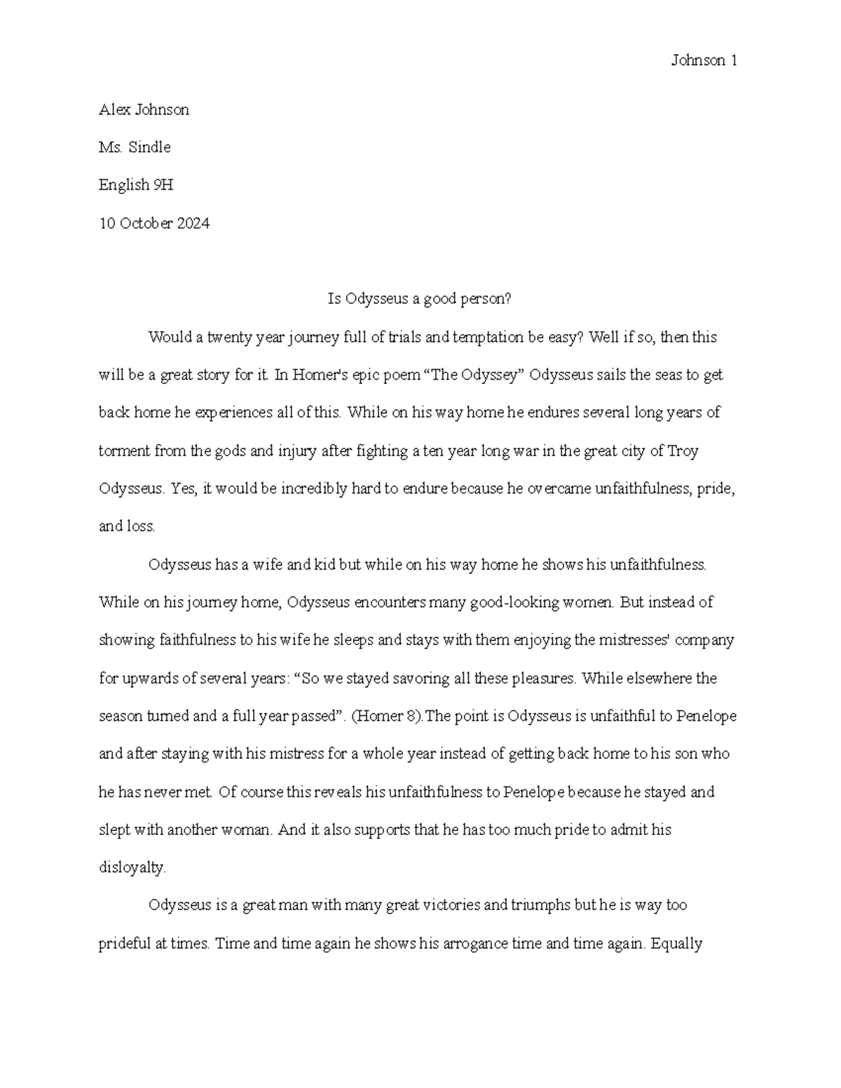 Copy of Odyssey Essay - Johnson 1 Alex Johnson Ms. Sindle English 9H 10 ...