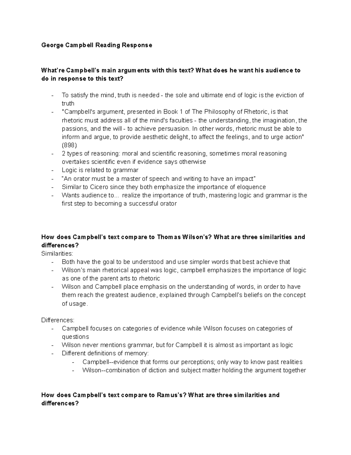 George Campbell Reading Response - In other words, rhetoric must be ...