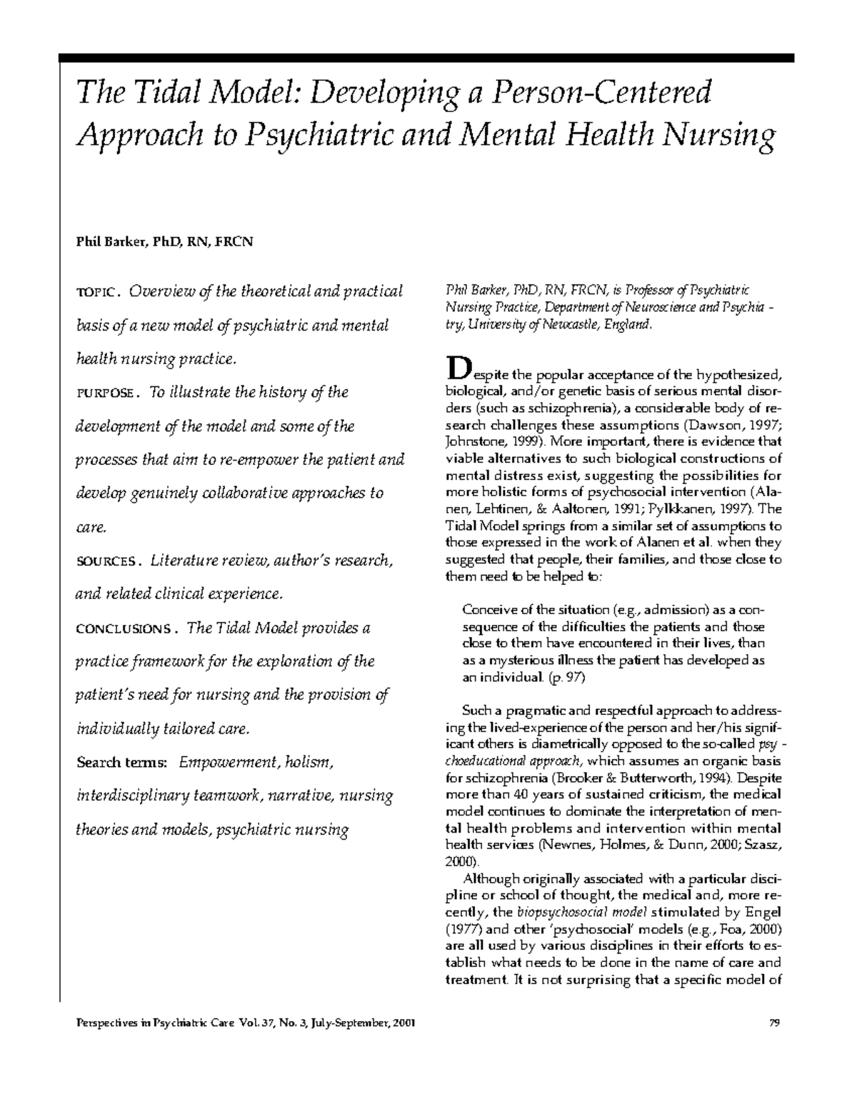 The Tidal Model- Developing a Person-Centered Approach - Studocu