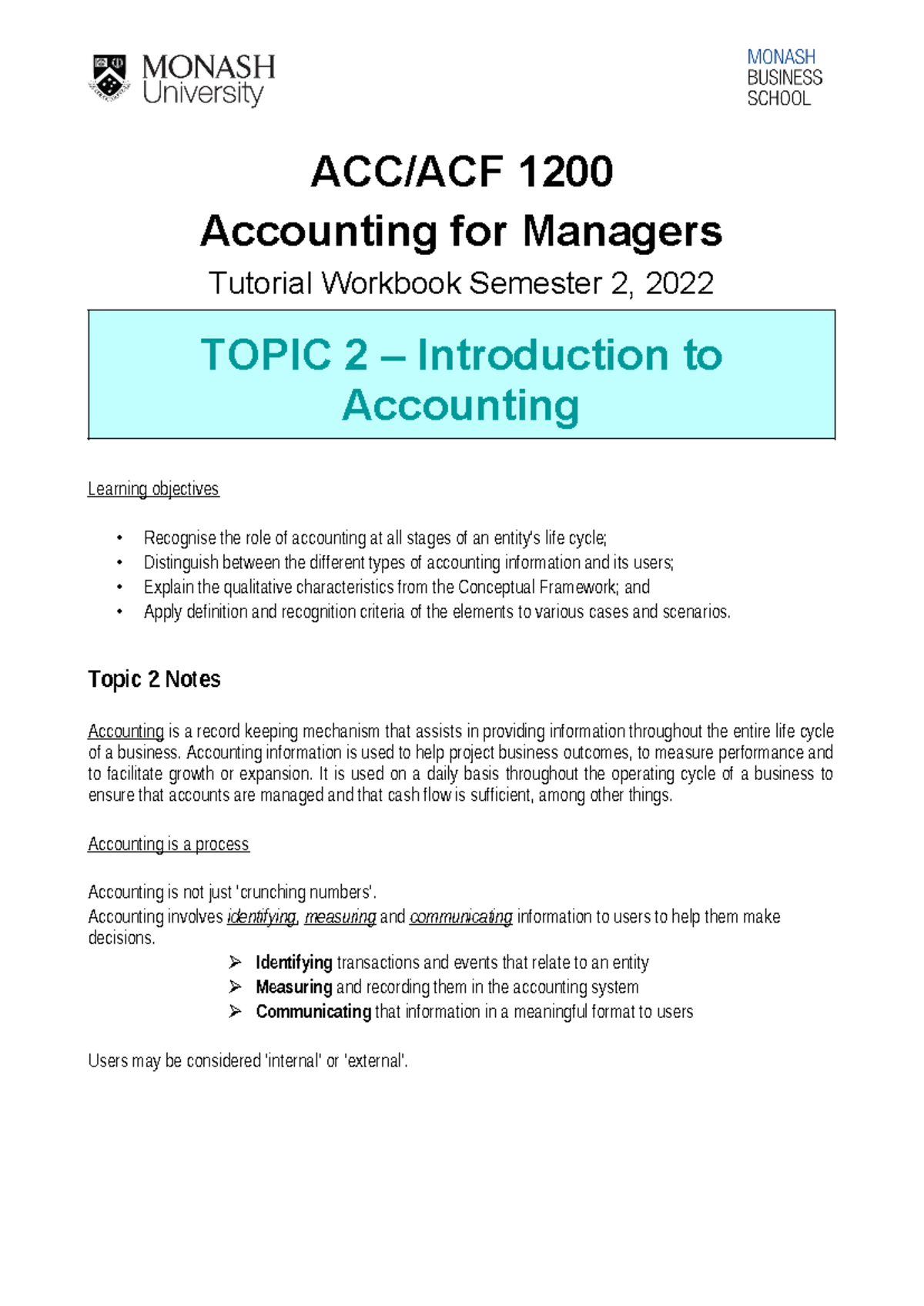 ACC ACF1200 Workbook Topic 2 - ACC/ACF 1200 Accounting for Managers ...