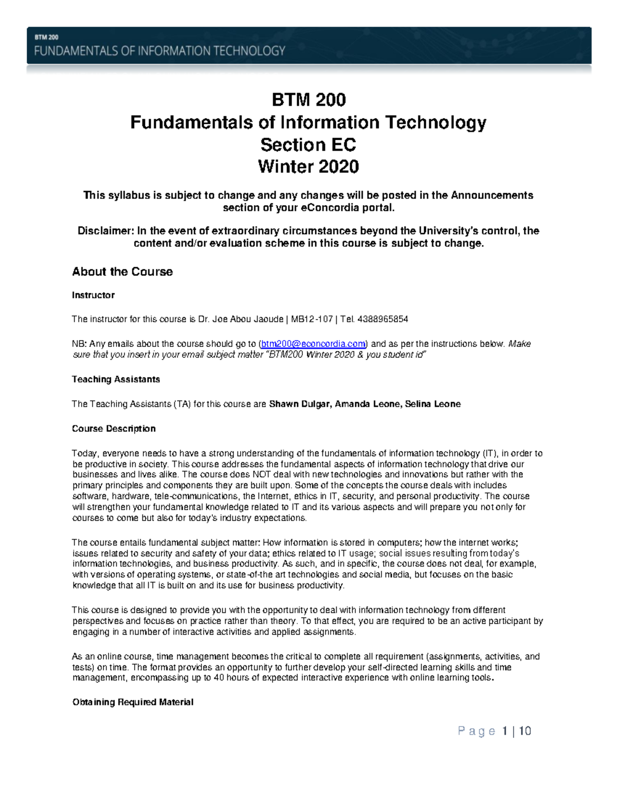 Information technology outline - BTM 200 Fundamentals of Information ...