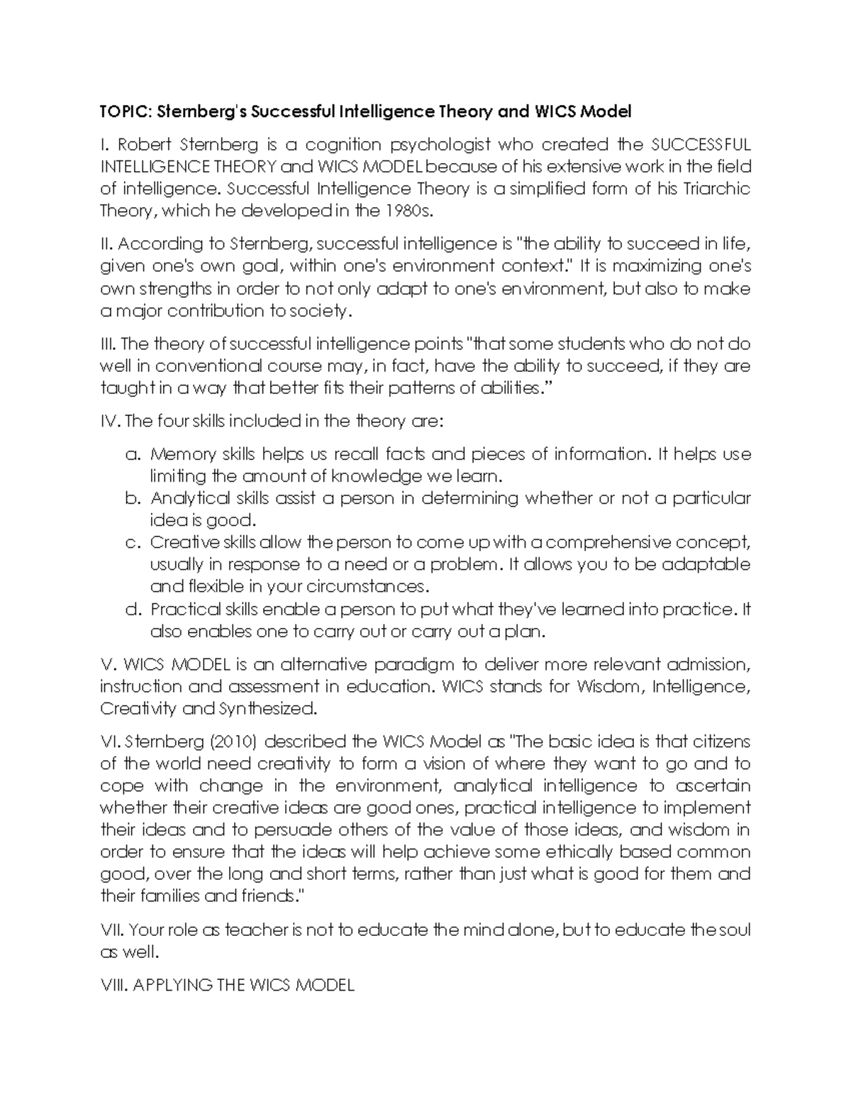 Sternberg's Successful Intelligence Theory and WICS Model - Robert ...