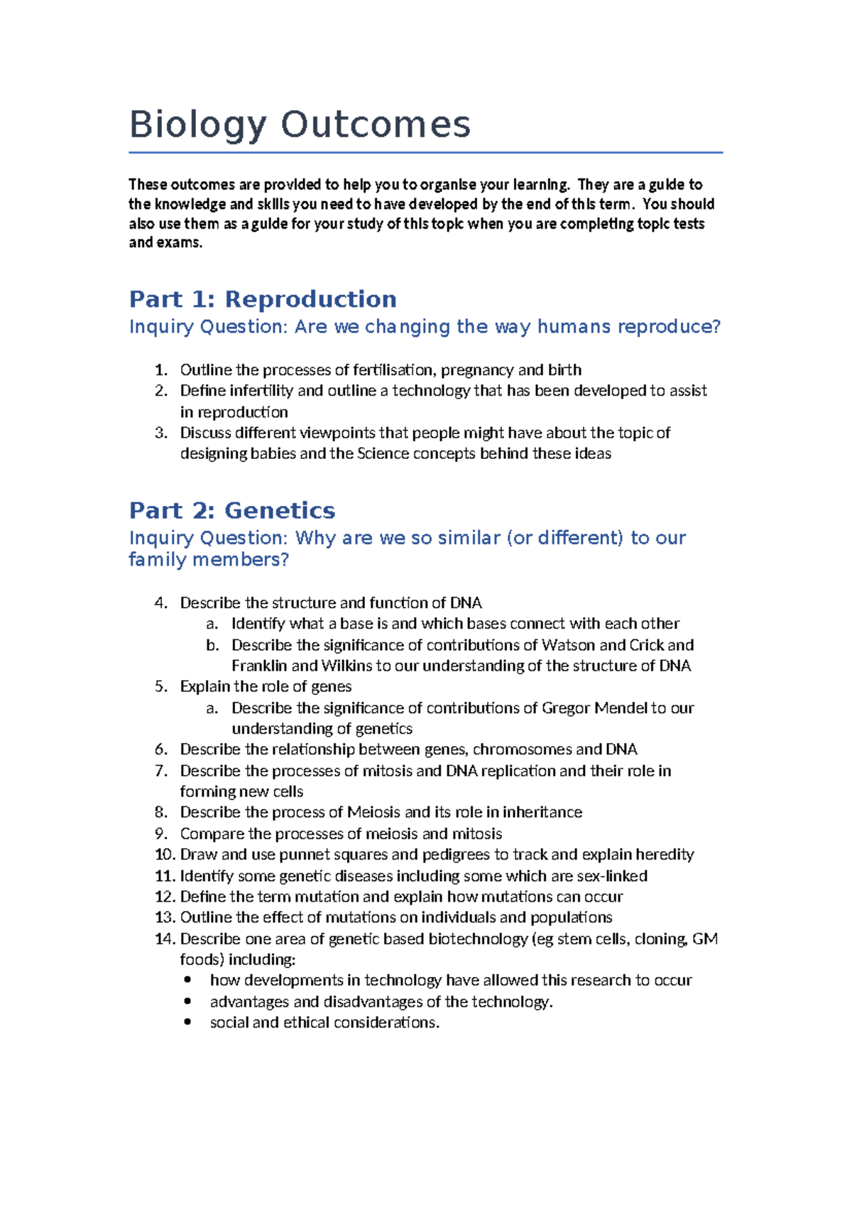 10 Biology Outcomes - Biology Outcomes These outcomes are provided to ...